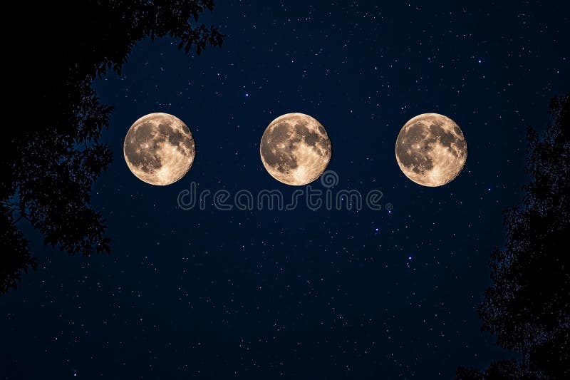 Three Full Moons Shining Brightly in a Starry Night Sky Stock Image ...