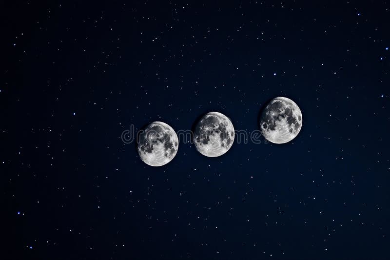Three Full Moons Shining Brightly in a Starry Night Sky Stock Image ...