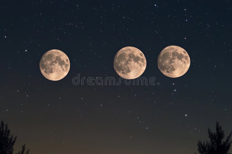 Three Full Moons Shining Brightly in a Starry Night Sky Stock Photo ...