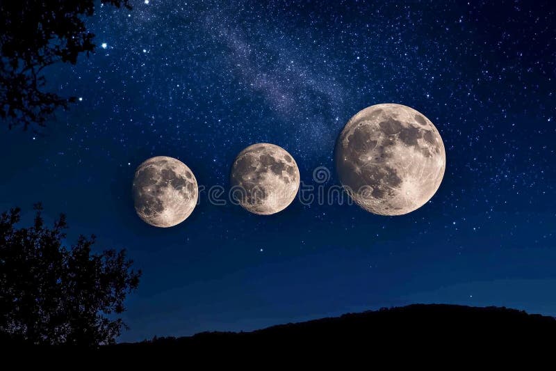 Three Full Moons Shining Brightly in a Starry Night Sky Stock Image ...