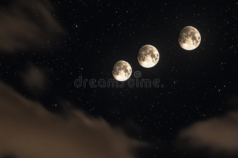 Three Full Moons Shining Brightly in a Starry Night Sky Stock Photo ...