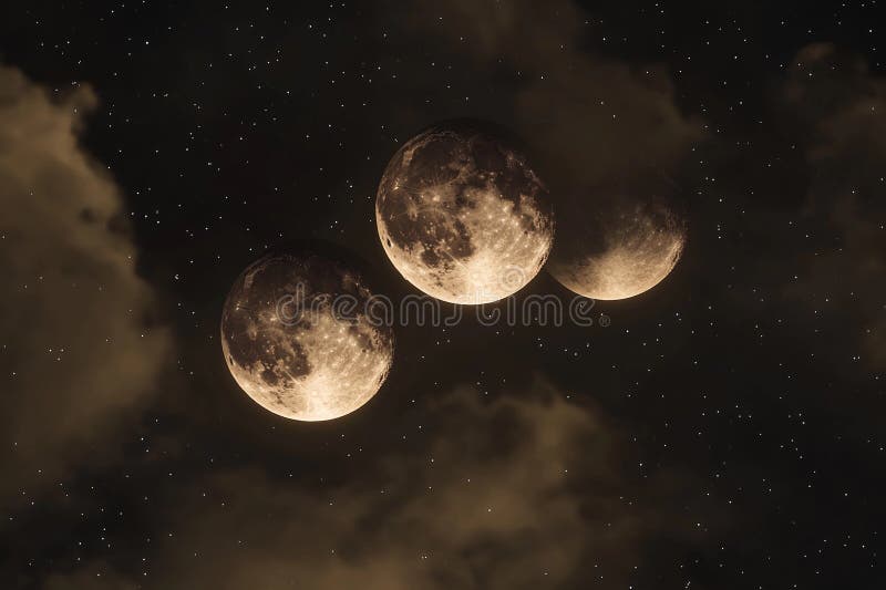 Three Full Moons Shining Brightly in a Starry Night Sky Stock Image ...