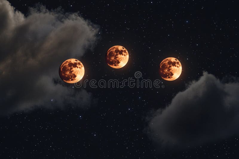 Three Full Moons Shining Brightly in a Starry Night Sky Stock Photo ...