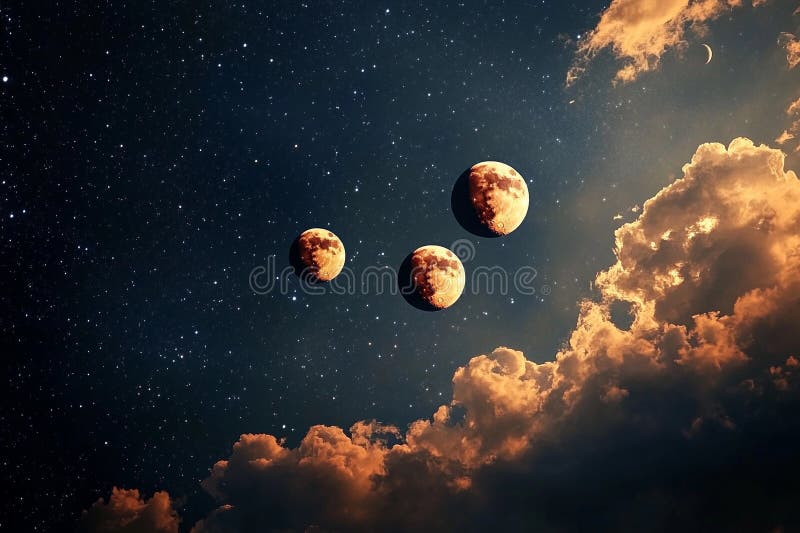 Three Full Moons Shining Brightly in a Starry Night Sky Stock Photo ...