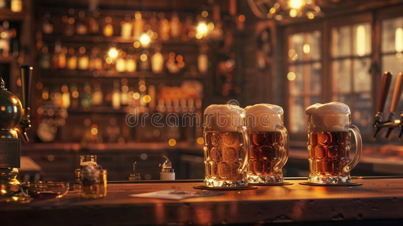 Three Full Pints of Beer Sit on a Bar Counter in a Dimly Lit Pub with a ...