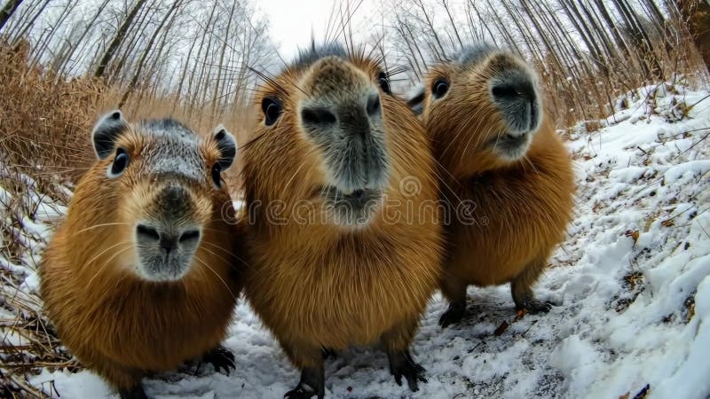 Three Funny and Curious Capybaras Look Directly at the Camera with ...