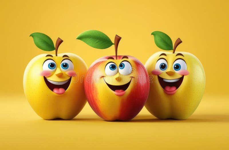 Three Funny Cute Red Apples with Smiling Faces on Yellow Background ...