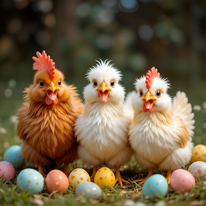 Three Funny Cute Chicken Stands in a Clearing with Easter Eggs, Easter ...