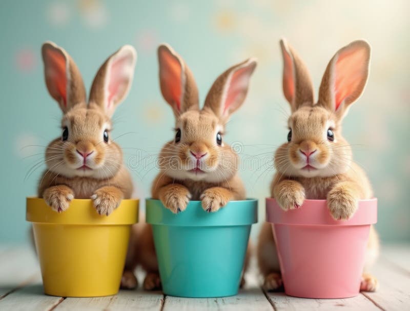 Three Funny Easter Rabbits Sitting Inside Colorful Pots. Stock ...