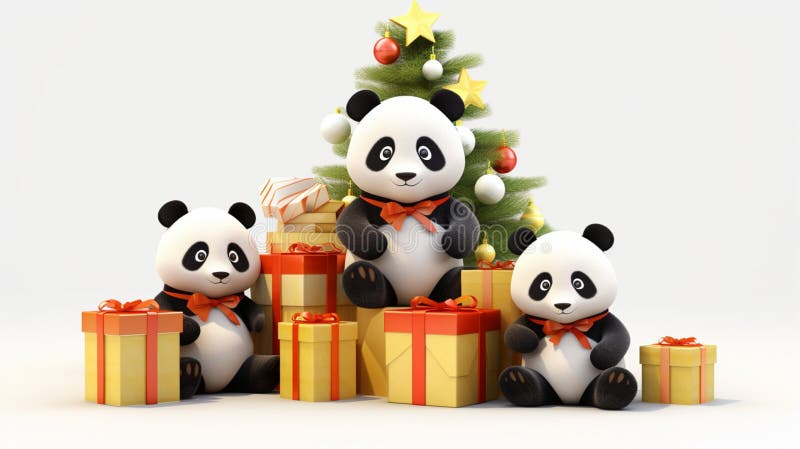 Three Funny Pandas with Christmas Gifts Stock Illustration ...