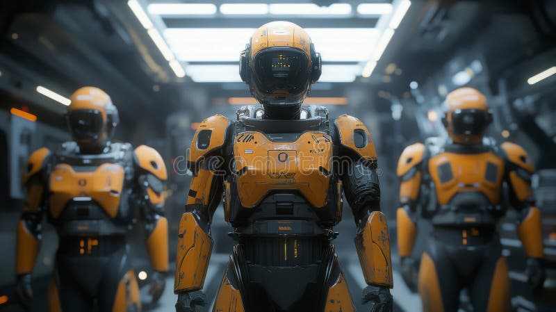 Three Futuristic Robots in Orange and Black Armor Stand Ready Stock ...