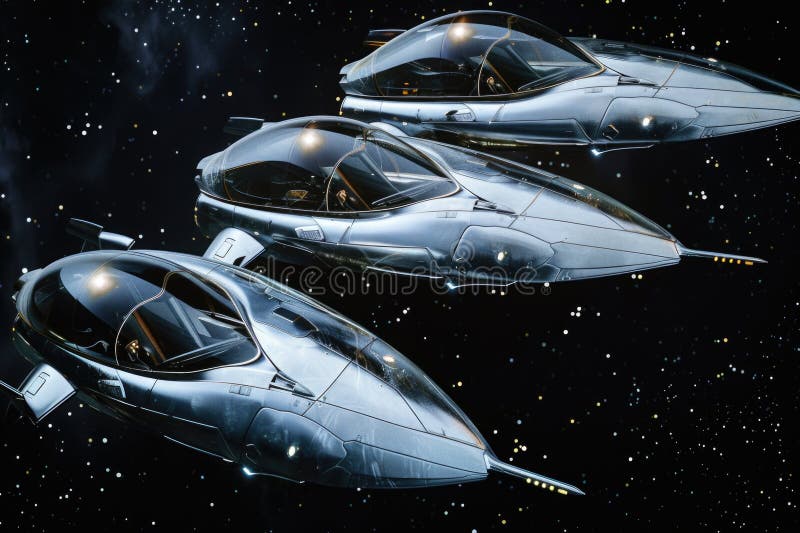 Three Futuristic Spaceships Flying through Space with Stars in the ...