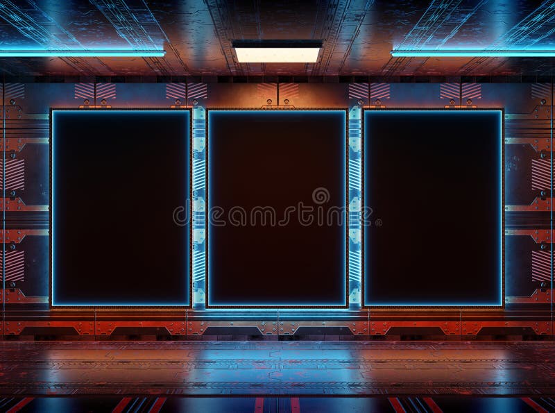 Three Futuristic Vertical Billboard Mockup. Cyberpunk Style Frames ...