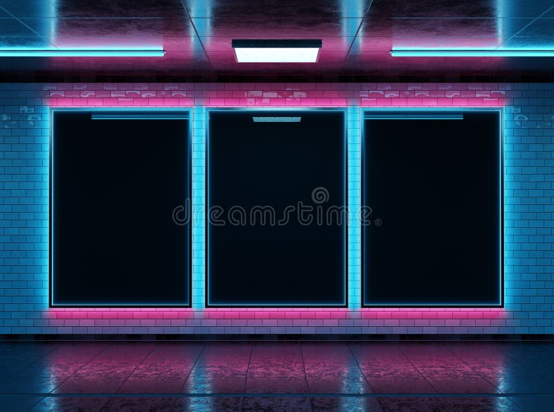 Three Futuristic Vertical Billboard Mockup. Cyberpunk Style Frames ...