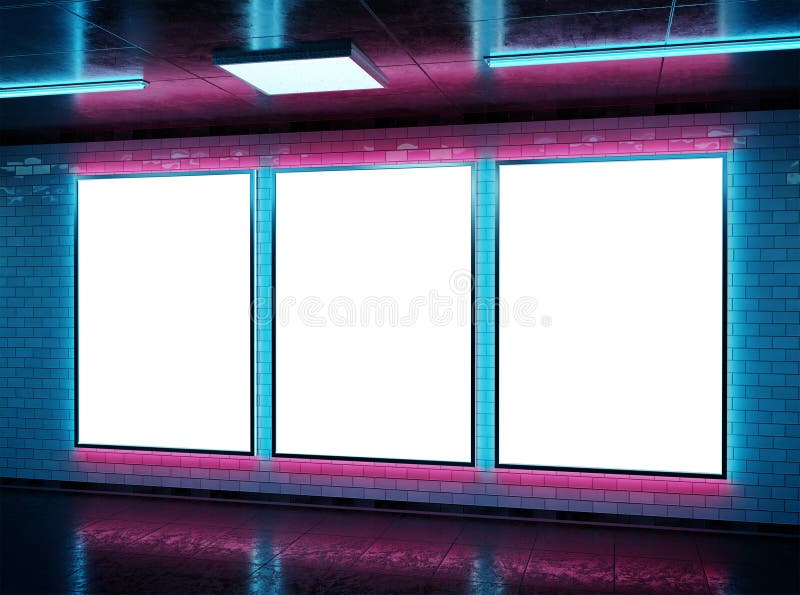 Three Futuristic Vertical Billboard Mockup. Cyberpunk Style Frames ...