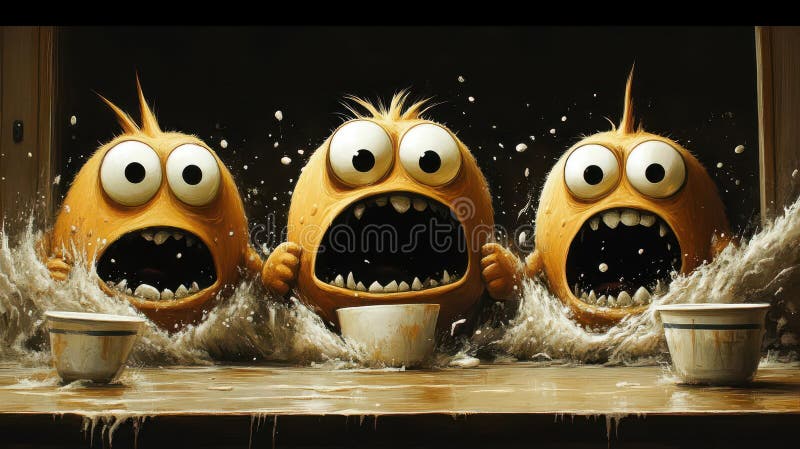 Three Fuzzy Monsters & Spilled Milk Stock Illustration - Illustration ...