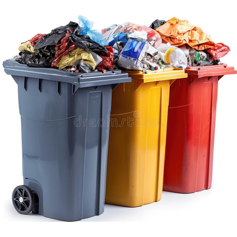 Three Garbage Bins Filled with Assorted Waste, Isolated on Transparent ...