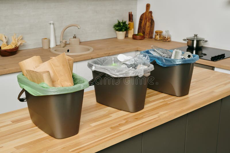 Three Garbage Bins with Sorted Waste Stock Photo - Image of trash ...