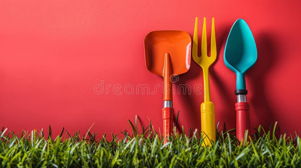 Three Garden Tools on Green Grass with a Red Background. Stock Image ...