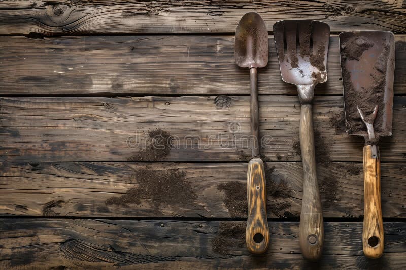 Rustic Gardening Tools Lying on Weathered Wooden Table in Garden during ...