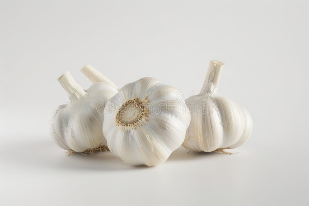 Three Garlic Heads Sit on a Clean White Surface Stock Image - Image of ...
