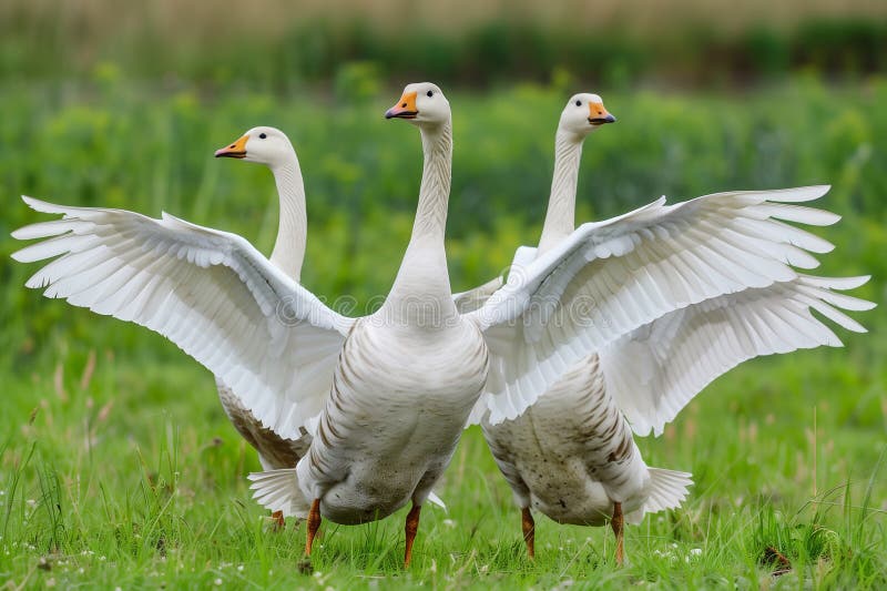 Three geese on green grass stock illustration. Illustration of domestic ...