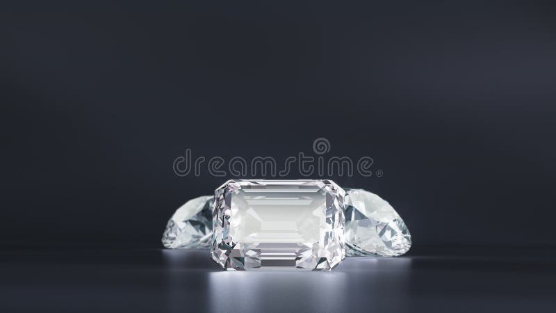 Three Gems in Emerald Shape with Glares. Dark Backdrop with Reflection ...