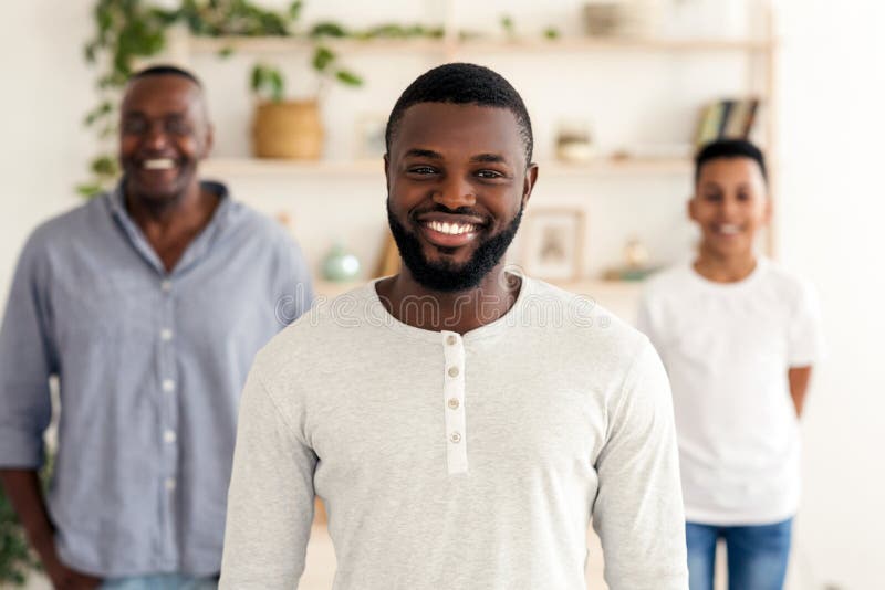 Three Generations. Smiling Black Father, Son and Grandfather Posing ...