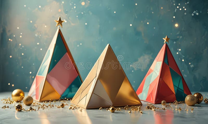 Three Geometric Christmas Trees, Each with Gold Star and Colorful ...