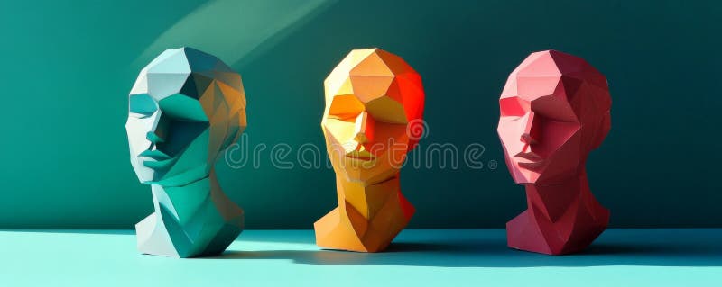 Three Geometric Polygonal Heads in Vibrant Colors on Teal Background ...