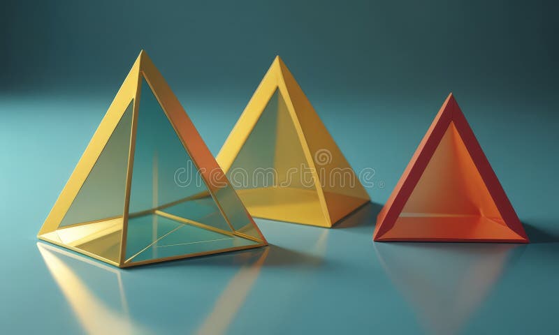 Three Geometric Shapes, Including Yellow Pyramid, Red Pyramid, and Blue ...