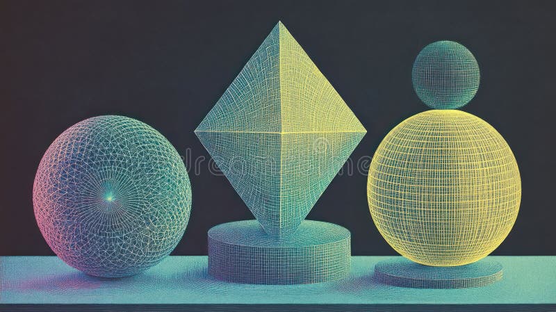 Three Geometric Shapes Rendered with a Wireframe Effect on a Dark ...