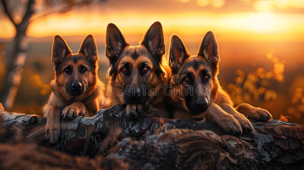 Three German Shepherds Resting on a Log during a Sunset Stock ...