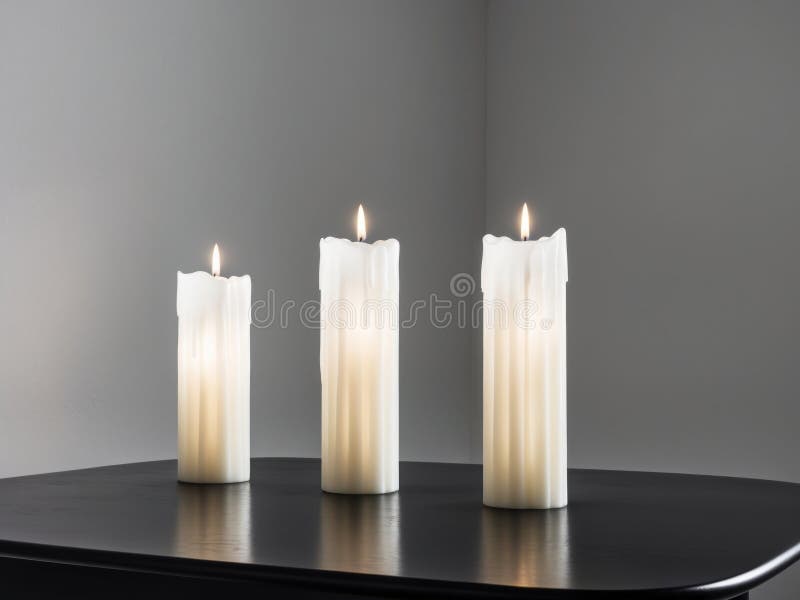 Three Ghost Candlesticks Sit Atop a Dark Table beside a Black Wall ...