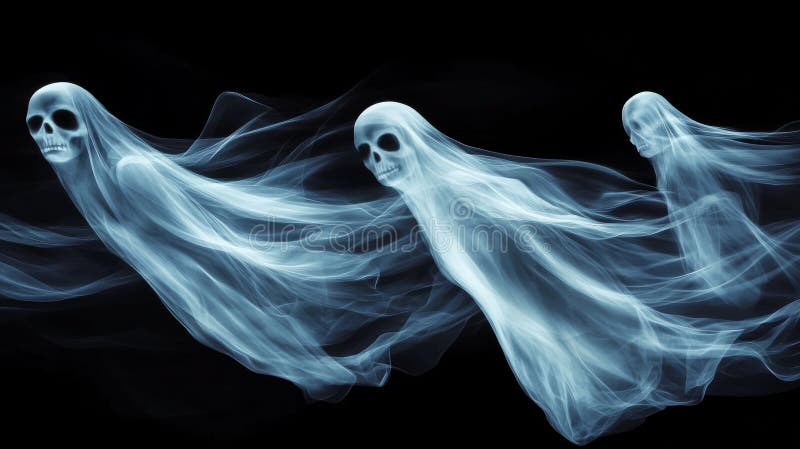 Three Ethereal Ghostly Figures with Skull Faces Floating in Darkness ...