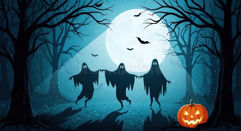 Three Ghosts Dance in a Spooky Forest with a Pumpkin and Full Moon ...