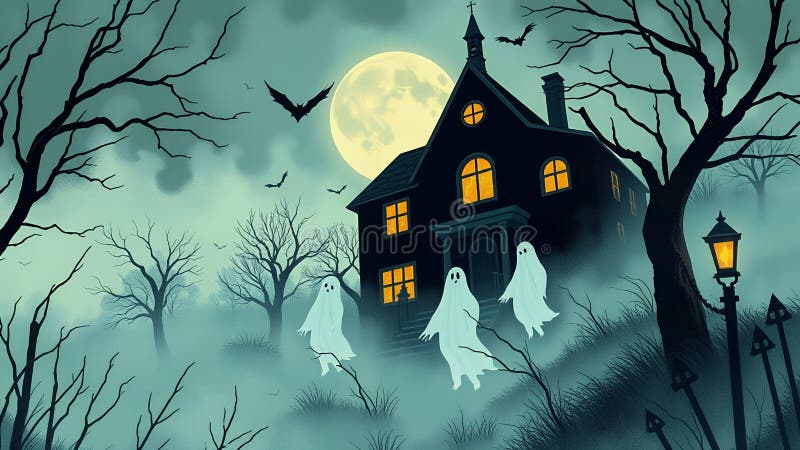 Three Ghosts Float Towards a Spooky House on a Foggy Halloween Night ...