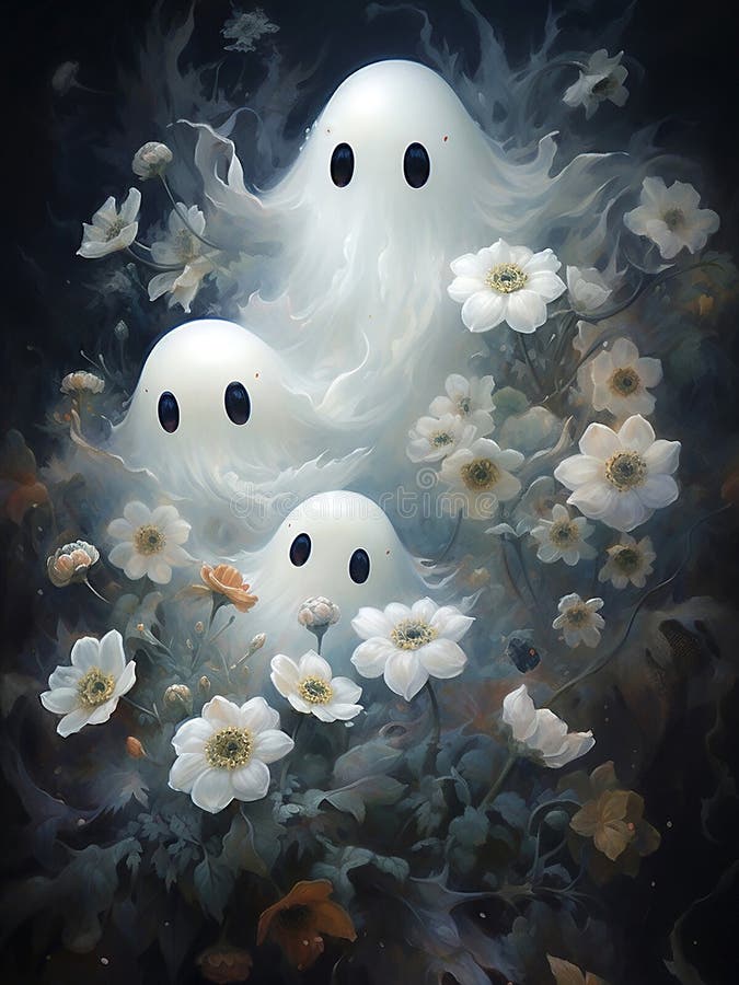 Three ghosts in flowers stock illustration. Illustration of cottagecore ...