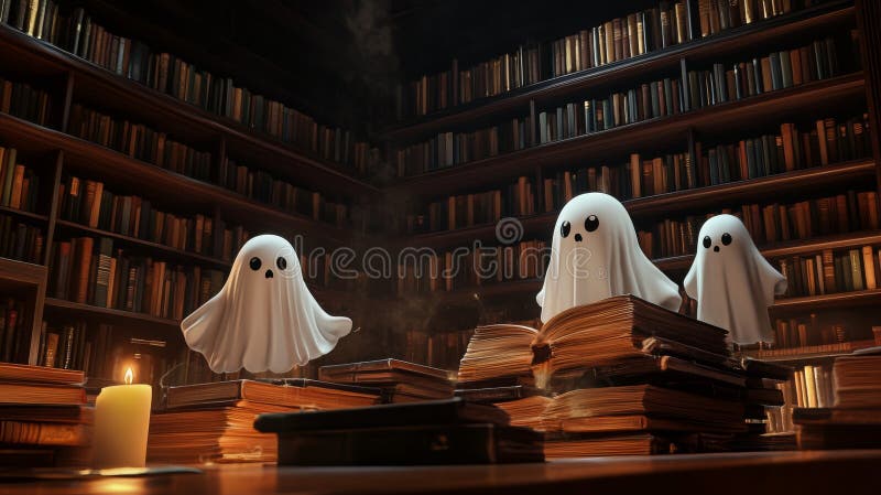 Three Ghosts Reading in a Dusty Library Stock Illustration ...