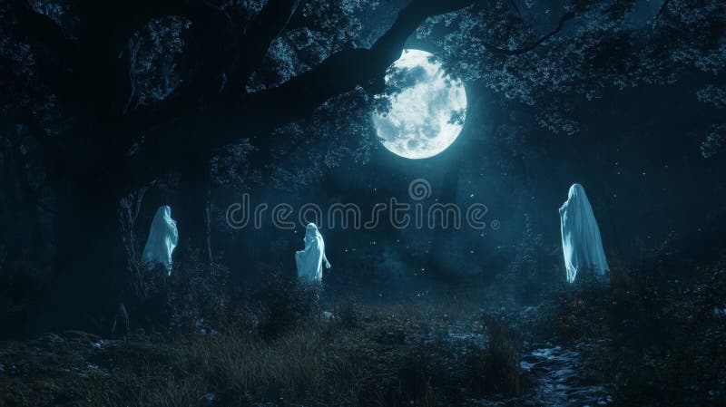 Three Ghosts Standing in a Forest Under a Full Moon Stock Illustration ...