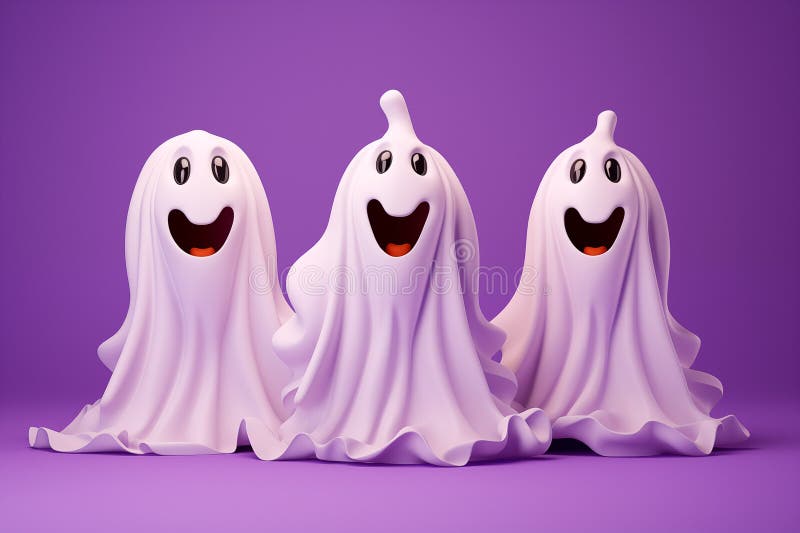 Three Ghosts in White Sheets Smiling on a Purple Background Stock ...
