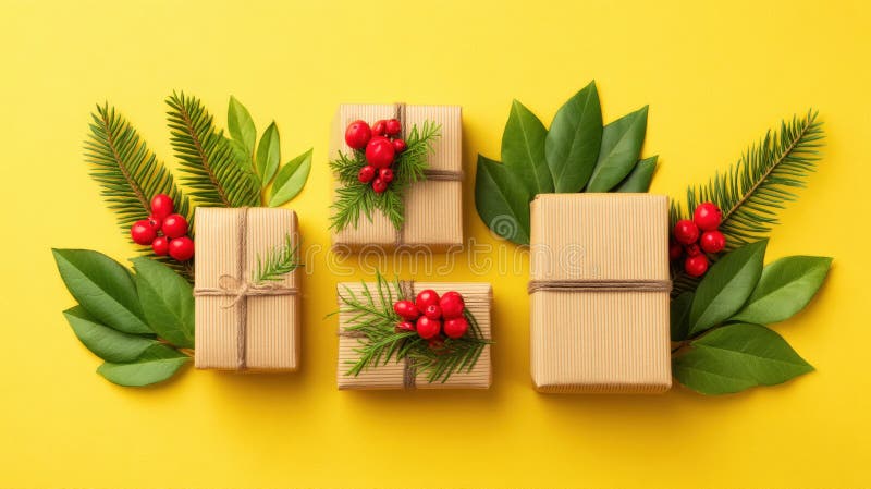 Three Gift Boxes Decorated with Red Berries and Green Leaves on a ...