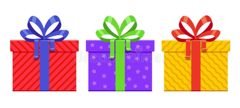 Three Gift Boxes with Different Wrapping Paper and Bow Colors Stock ...