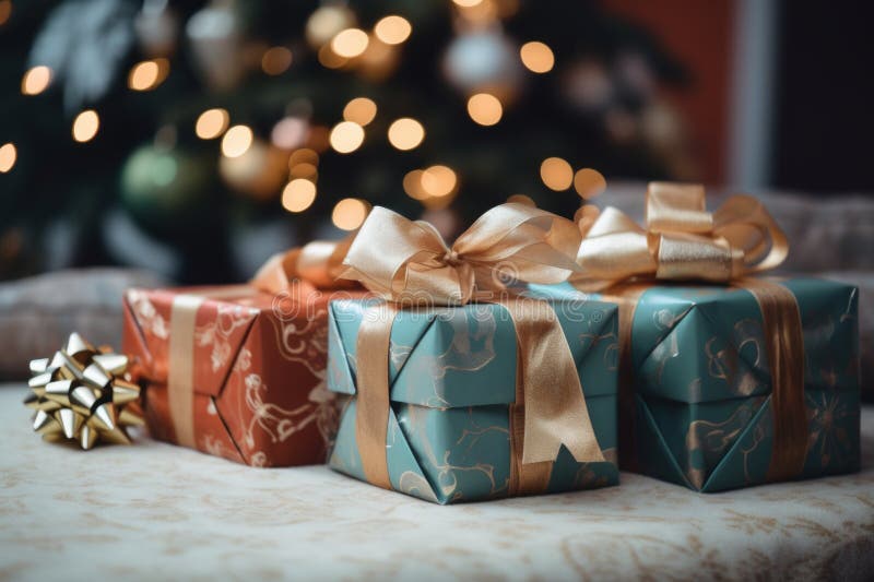 Three Gift Boxes Sitting on a Table in Front of a Christmas Tree Stock ...