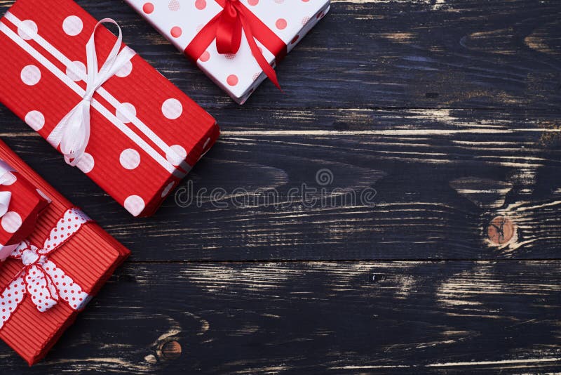 Three Gift Boxes in the Top Left Corner with Copy Space Stock Photo ...