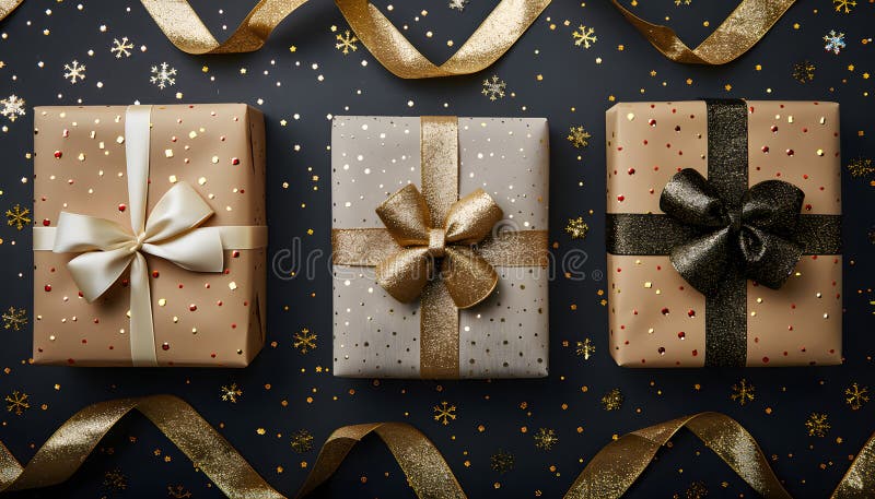 Three Gift Boxes Topped with Bows and Ribbons on a Table Stock Photo ...