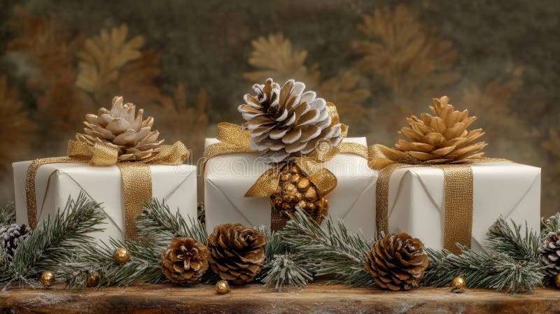 Three Gift Boxes Topped with Pine Cones Stock Image - Image of ...