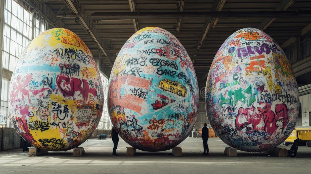 Three Gigantic Graffiti Covered Eggs Stand in a Warehouse Stock Image ...