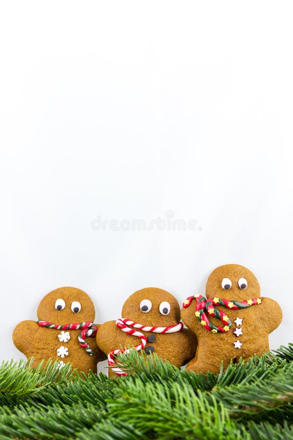 Three Gingerbread Men on Pine Branches Stock Photo - Image of festive ...