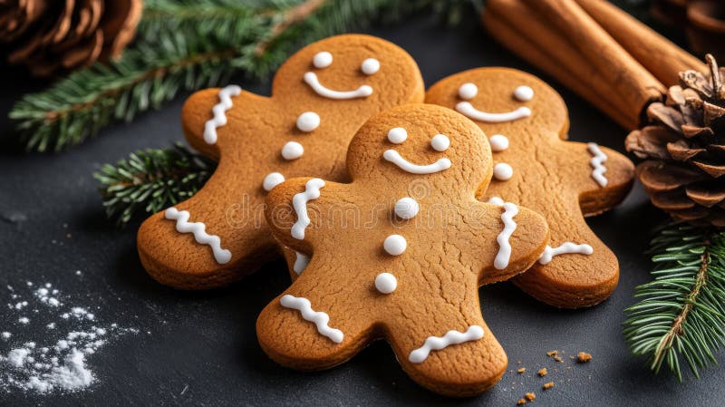 Three Gingerbread Men are Sitting on a Table with Pine Cones, AI Stock ...